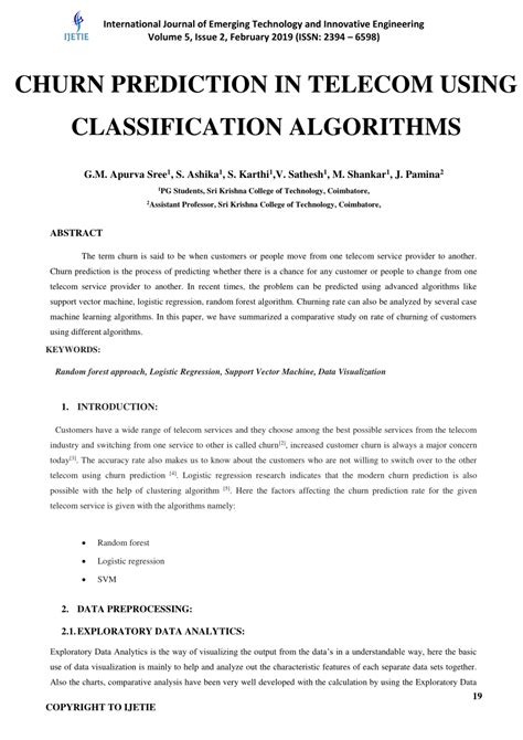 pdf churn prediction in telecom using classification algorithms