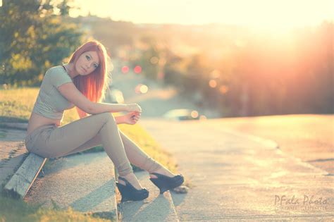 Wallpaper Sunlight Women Outdoors Redhead Model Sunset Love Sitting Jeans Morning