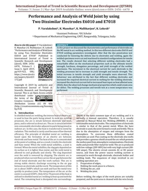 performance and analysis of weld joint by using two dissimilar electrodes e6010 and e7018 pdf