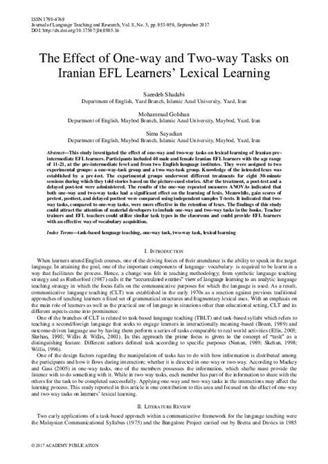 pdf the effect of one way and two way tasks on iranian efl learners lexical learning sima