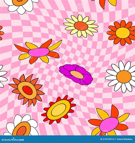 Groovy Hippie Flower Seamless Pattern Colorful Flowers Trendy Check