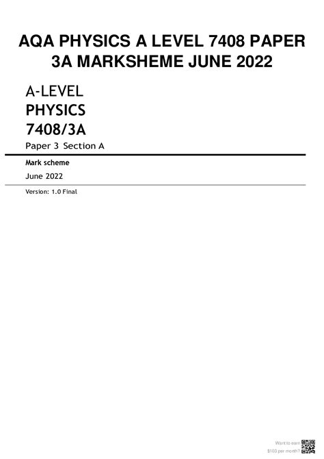 AQA A LEVEL PHYSICS 7408 3A Paper 3 Section A Mark Scheme June 2022
