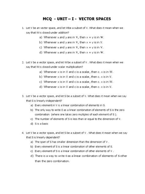 unit i vector spaces mcqs pdf basis linear algebra linear subspace