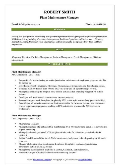 Plant Maintenance Manager Resume Samples QwikResume