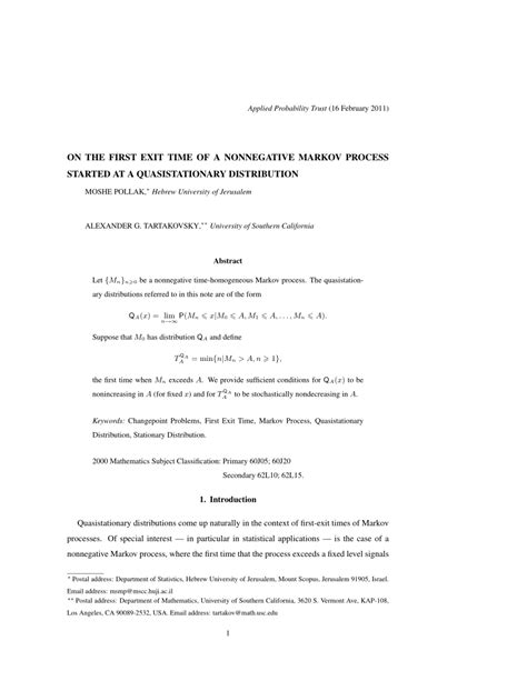 pdf on the expectation of the first exit time of a nonnegative markov process started at a