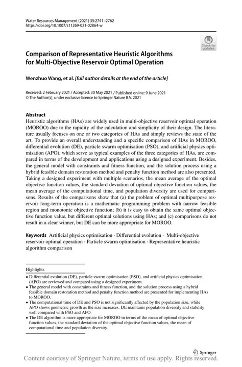 comparison of representative heuristic algorithms for multi objective reservoir optimal