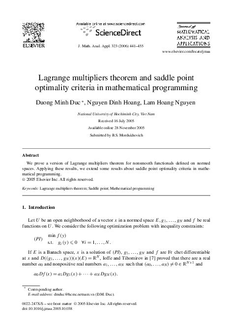 pdf lagrange multipliers theorem and saddle point optimality criteria in mathematical