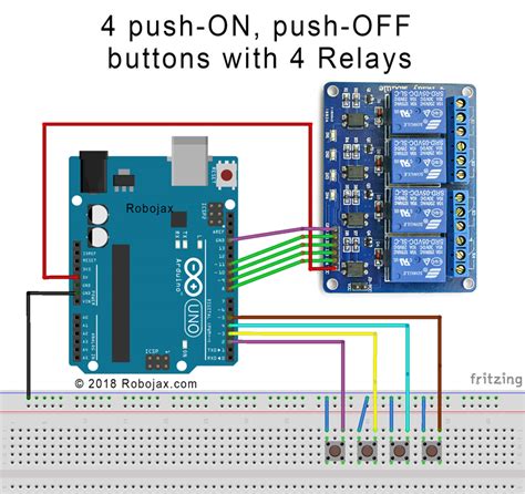 Using Push Buttons To Control Channel Relays With Arduino Robojax