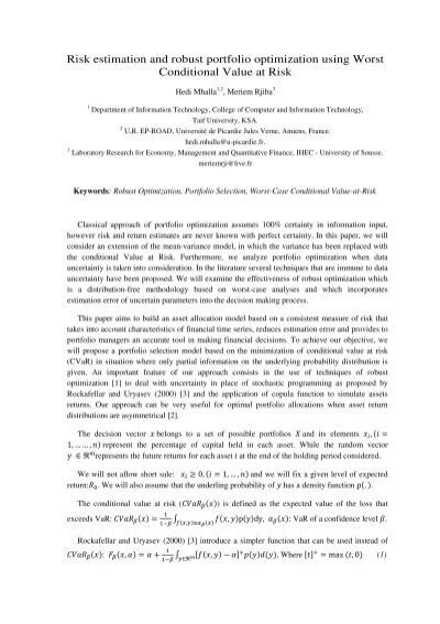 risk estimation and robust portfolio optimization using worst