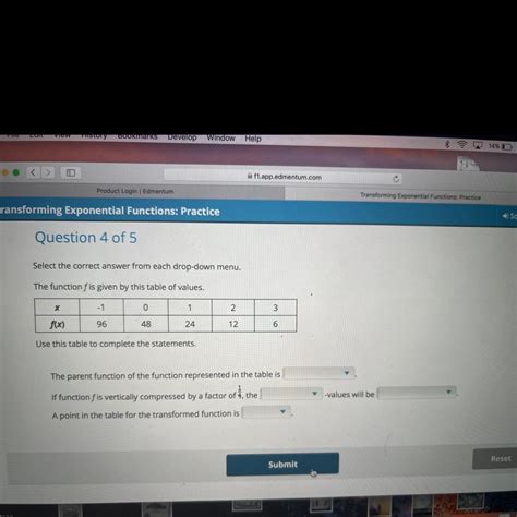 select the correct answer from each drop down menu the function f is given by this table of
