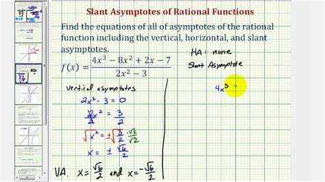 ex 2 determine the vertical and slant asymptotes of a rational function youtube
