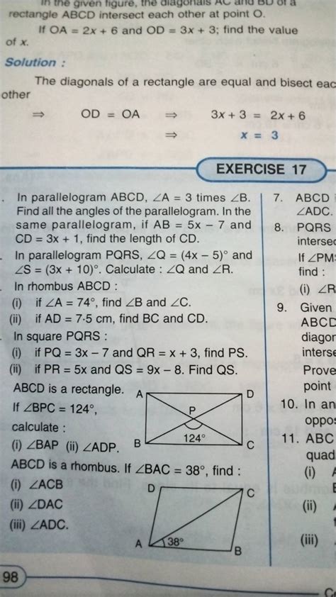 rectangle abcd intersect each other at point o if oa 2x 6 and od 3x 3 f