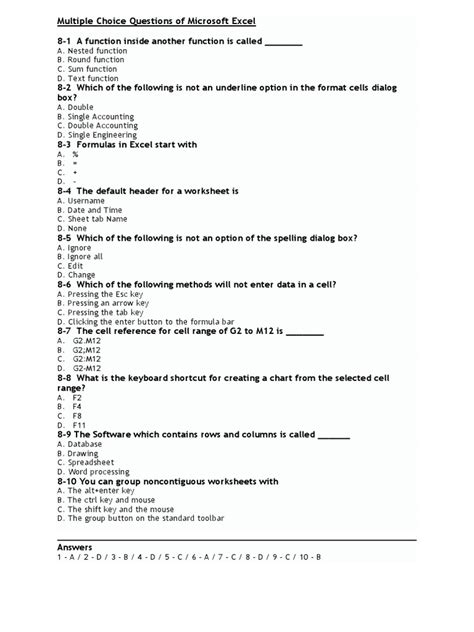 multiple choice questions of microsoft excel pdf spreadsheet worksheet