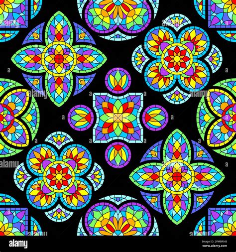 Seamless Pattern With Stained Glass Window In Gothic Style Medieval Mosaic Tile Texture Stock
