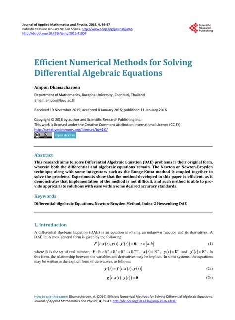 pdf efficient numerical methods for solving differential algebraic equations
