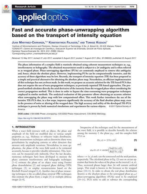 pdf fast and accurate phase unwrapping algorithm based on the transport of intensity equation
