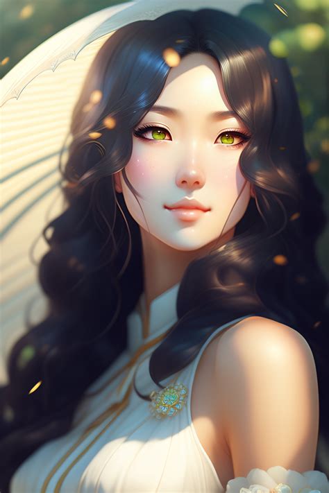 Lexica A Very Beautiful Anime Girl Long Wavy Black Hair Green Eyes Short Smile White Dress