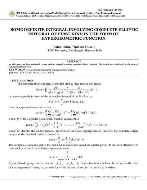 pdf some definite integral involving complete elliptic integral of first kind in the form of