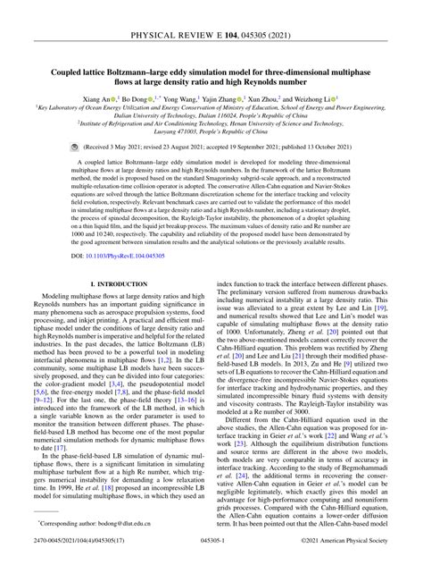 pdf coupled lattice boltzmann large eddy simulation model for three dimensional multiphase