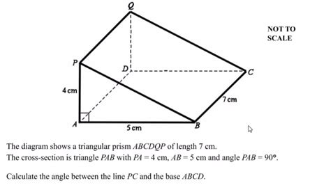 diagram shows a triangular prism abcdqp of length 7 cm calculate angle between line pc and base