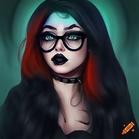 Portrait Of A Goth Girl With Green Eyes Long Red Black Hair And Glasses On Craiyon