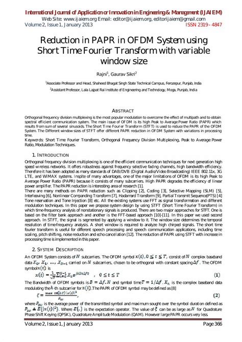 pdf reduction in papr in ofdm system using short time fourier transform with variable window