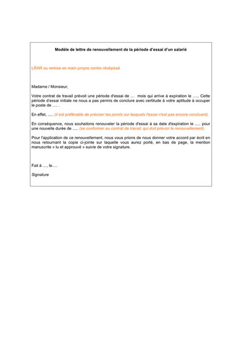 Modelé de lettre renouvellement de la periode dessai DOC PDF