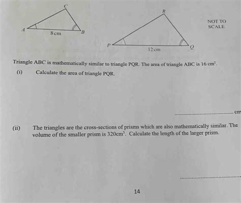 solved not to scale triangle abc is mathematically similar to triangle pqr the area of