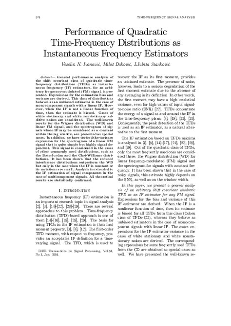 pdf performance of quadratic time~frequency distributions as instantaneous frequency