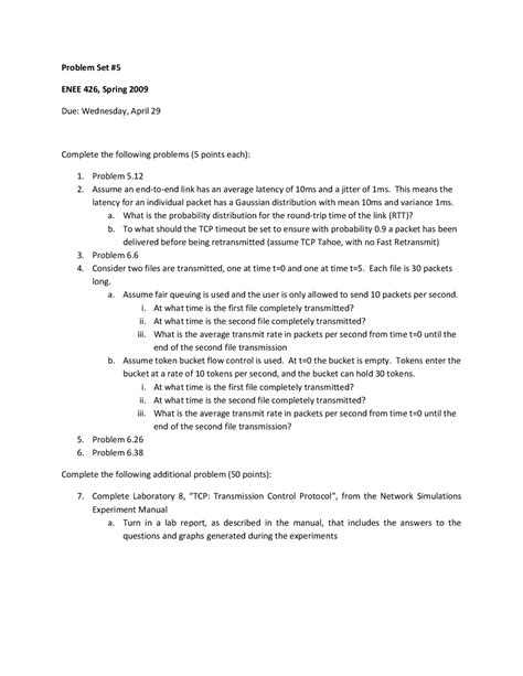 7 problems on transmission control protocol assignment 5 enee 426 docsity