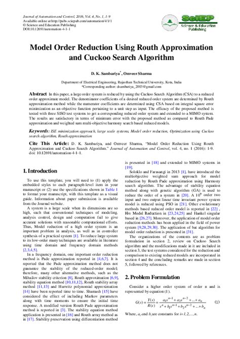 pdf model order reduction using routh approximation and cuckoo search algorithm