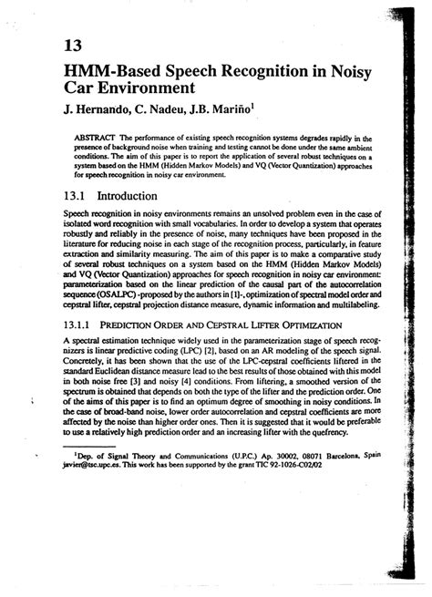 pdf hmm based speech recognition in noisy car environment