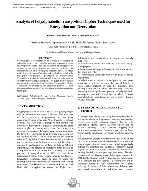 pdf analysis of polyalphabetic transposition cipher techniques used for encryption and decryption