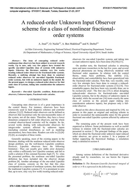 pdf a reduced order unknown input observer scheme for a class of nonlinear fractional order