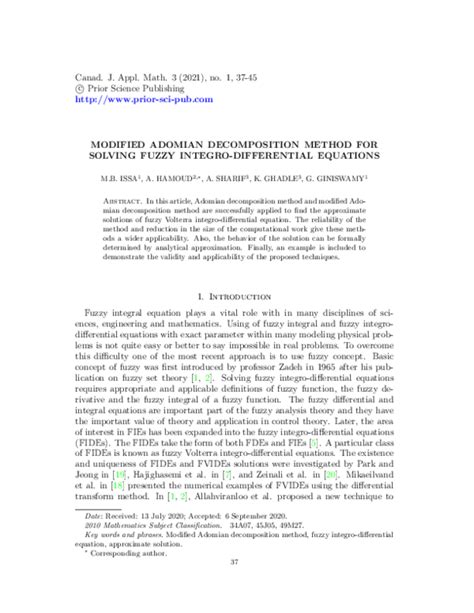 pdf modified adomian decomposition method for solving fuzzy integro differential equations