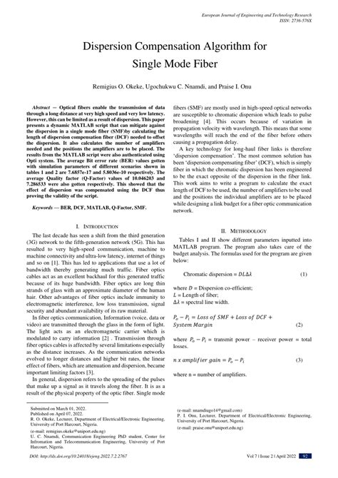 pdf dispersion compensation algorithm for single mode fiber