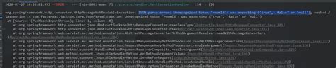错误 json parse error unrecognized token ‘roomid‘ was expecting ‘true‘ ‘false‘ or ‘null‘ 灰