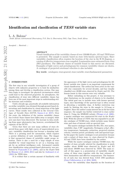 pdf identification and classification of tess variable stars