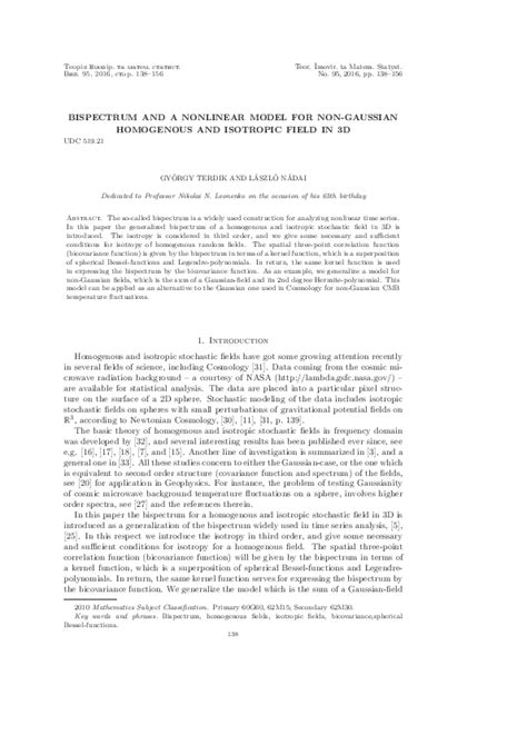 pdf bispectrum and a non linear model for a non gaussian homogenous and isotropic field in 3d