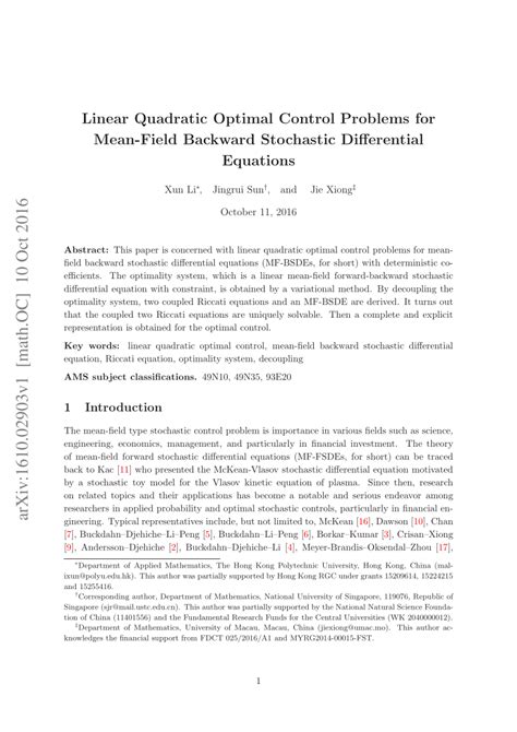 pdf linear quadratic optimal control problems for mean field backward stochastic differential