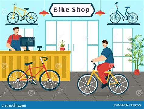 Bike Shop Vector Illustration With Shoppers People Choosing Cycles Accessories Or Gear