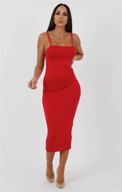 Red Square Neck Strappy Midi Dress Dresses Femme Luxe