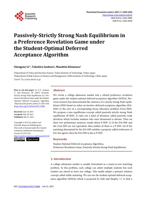 pdf passively strictly strong nash equilibrium in a preference revelation game under the