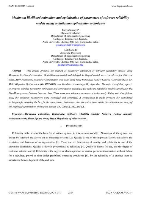 pdf maximum likelihood estimation and optimisation of parameters of software reliability