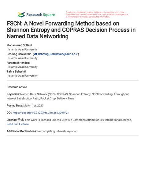 pdf fscn a novel forwarding method based on shannon entropy and copras decision process in