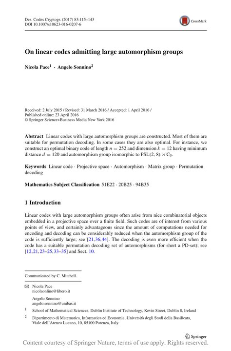 on linear codes admitting large automorphism groups