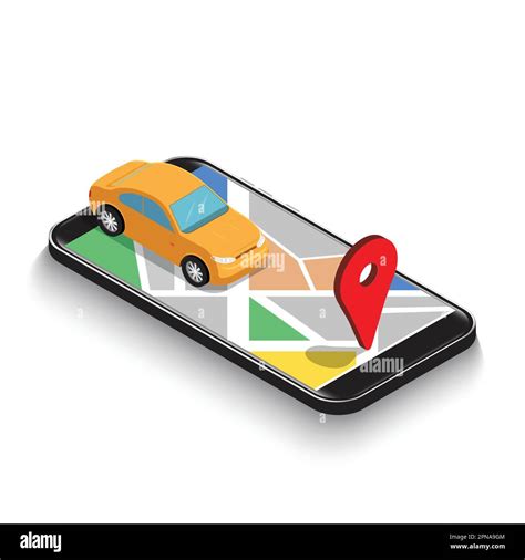 Flat 3d Isometric Car Use Gps Map Navigation Application On Smartphone