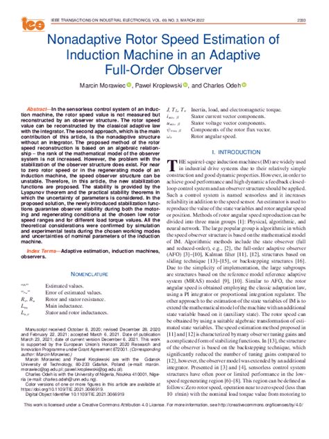 pdf non adaptive rotor speed estimation of induction machine in an adaptive full order