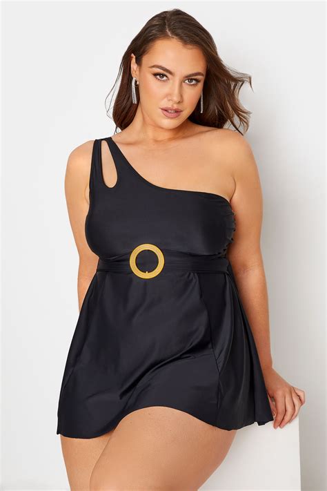 Plus Size Black One Shoulder Belted Tummy Control Swim Dress Yours Clothing