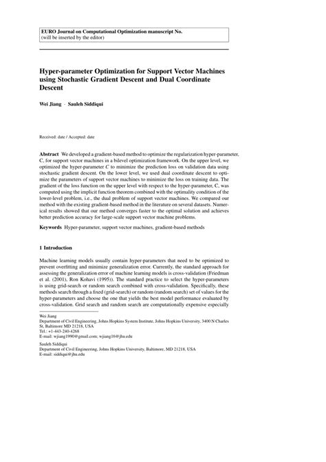 pdf hyper parameter optimization for support vector machines using stochastic gradient descent